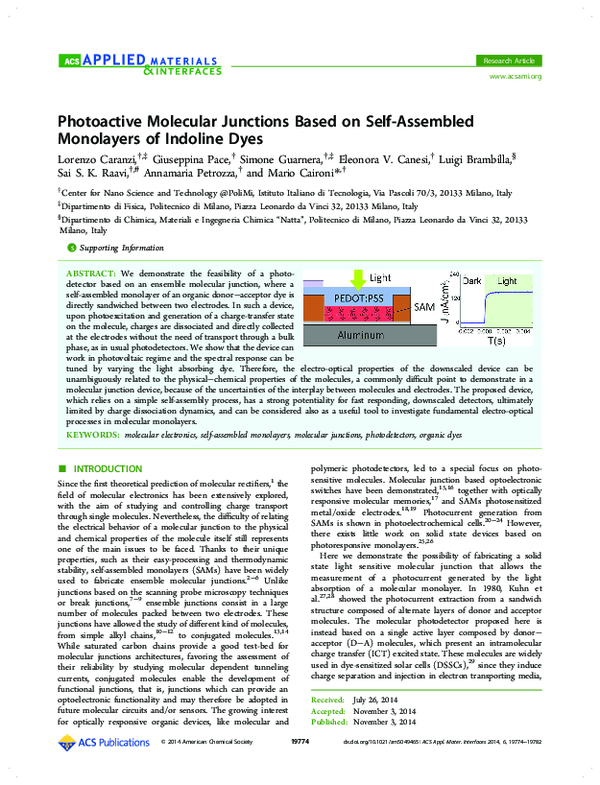 (PDF) Photoactive Molecular Junctions Based on Self-Assembled Monolayers of Indoline Dyes