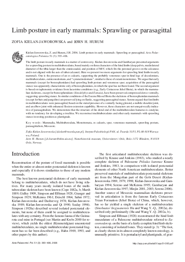 (PDF) Limb posture in early mammals: Sprawling or parasagittal