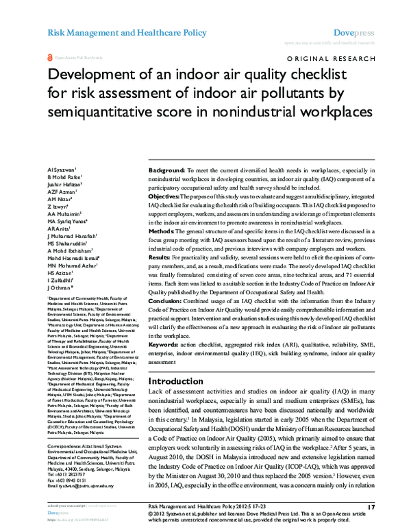 (PDF) Development of an indoor air quality checklist for risk ...