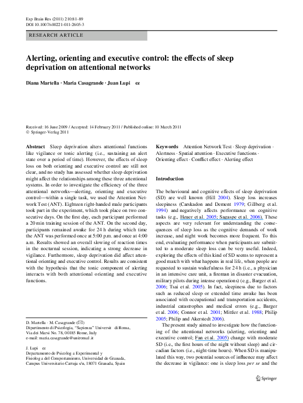 Pdf Alerting Orienting And Executive Control The Effects Of Sleep Deprivation On Attentional