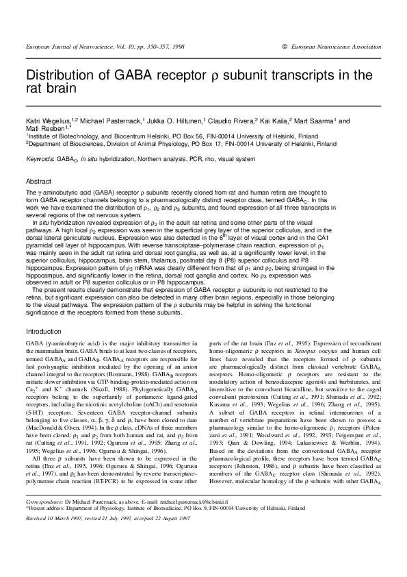 (PDF) Distribution of GABA receptor ρ subunit transcripts in the rat brain