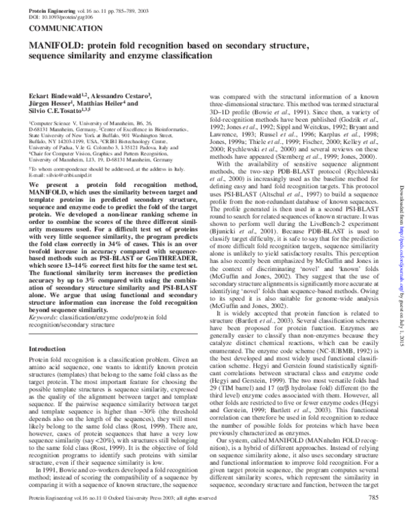 (PDF) MANIFOLD: protein fold recognition based on secondary structure, sequence similarity and ...
