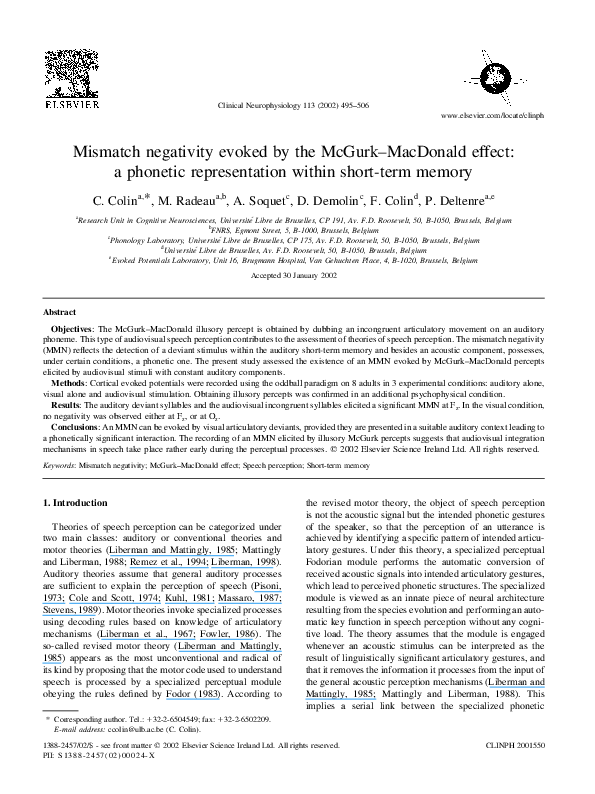 (PDF) Mismatch negativity evoked by the McGurk–MacDonald effect: a ...