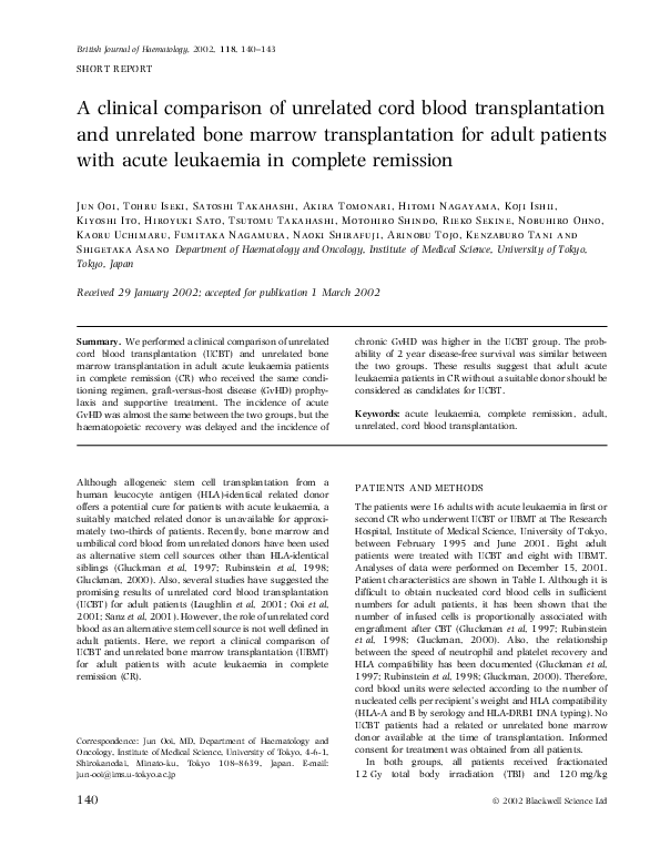 (PDF) A clinical comparison of unrelated cord blood transplantation and ...