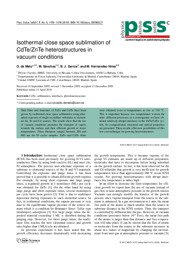 (PDF) Isothermal close space sublimation of CdTe/ZnTe heterostructures ...