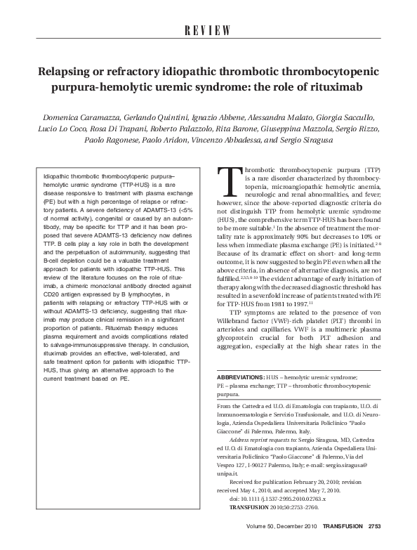 (PDF) Relapsing or refractory idiopathic thrombotic thrombocytopenic ...