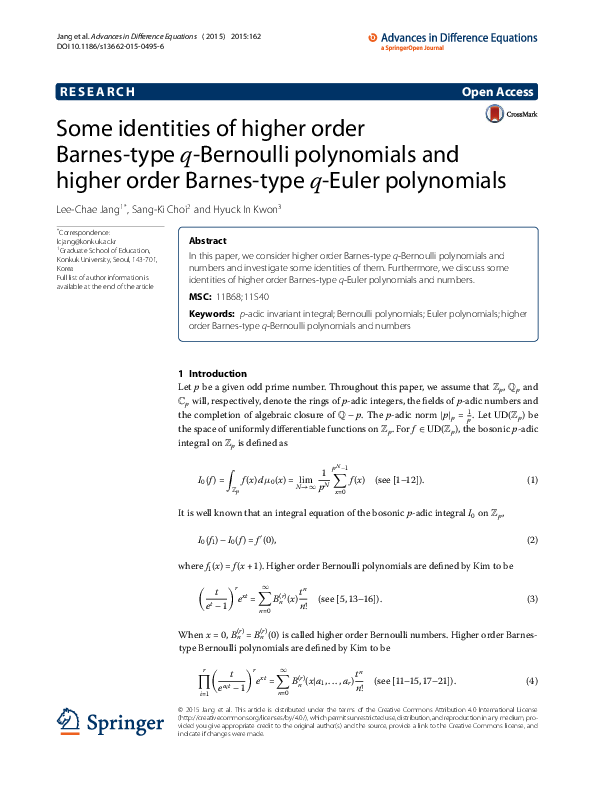 Pdf Some Identities Of Higher Order Barnes Type Q Bernoulli Polynomials And Higher Order