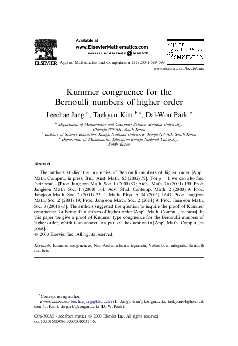 (PDF) Kummer congruence for the Bernoulli numbers of higher order