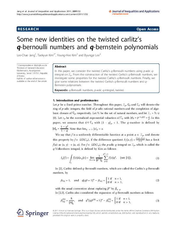 Pdf Some New Identities On The Twisted Carlitzs Q Bernoulli Numbers And Q Bernstein