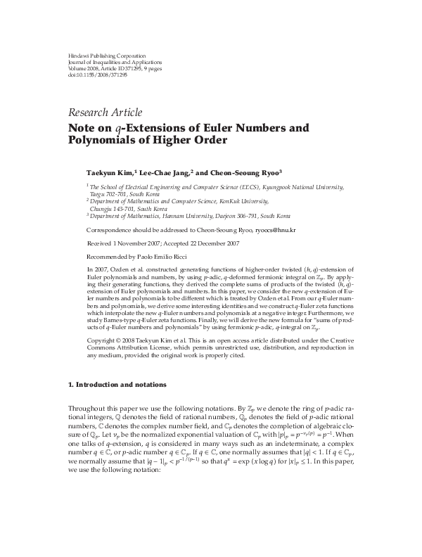 Pdf Note On Q Extensions Of Euler Numbers And Polynomials Of Higher Order
