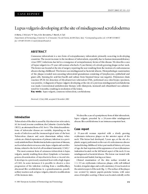 (PDF) Lupus vulgaris developing at the site of misdiagnosed scrofuloderma