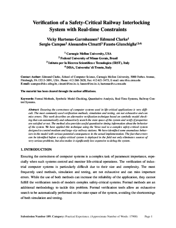 Pdf Verification Of A Safety Critical Railway Interlocking System With Real Time Constraints