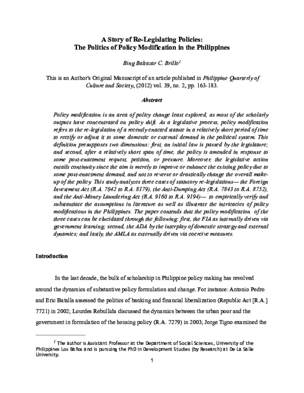 (PDF) A Story of Re-Legislating Policies: The Politics of Policy ...
