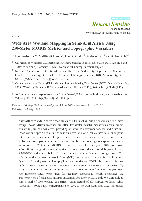 (PDF) Wide Area Wetland Mapping in Semi-Arid Africa Using 250-Meter ...