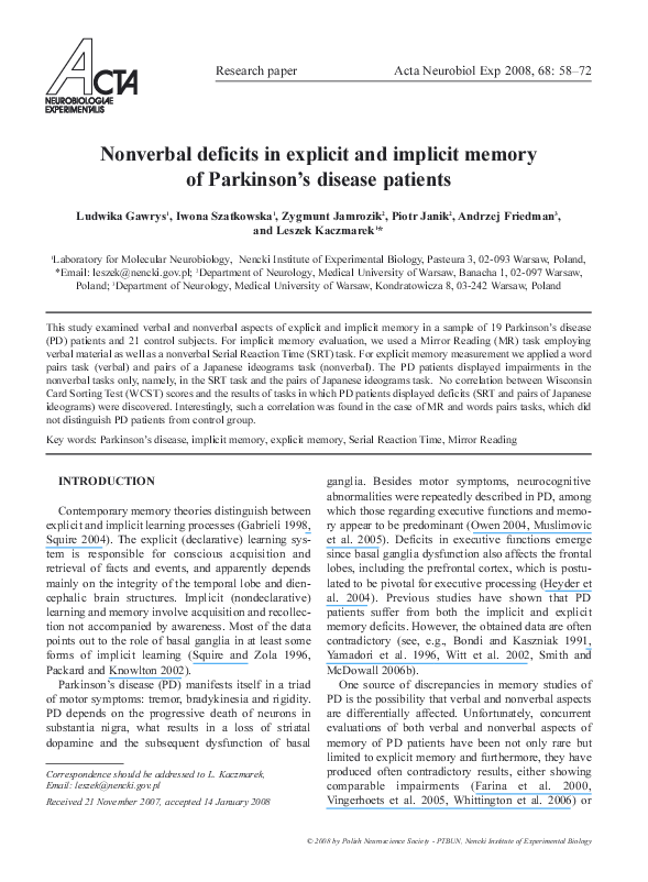 (PDF) Nonverbal deficits in explicit and implicit memory of Parkinson's disease patients