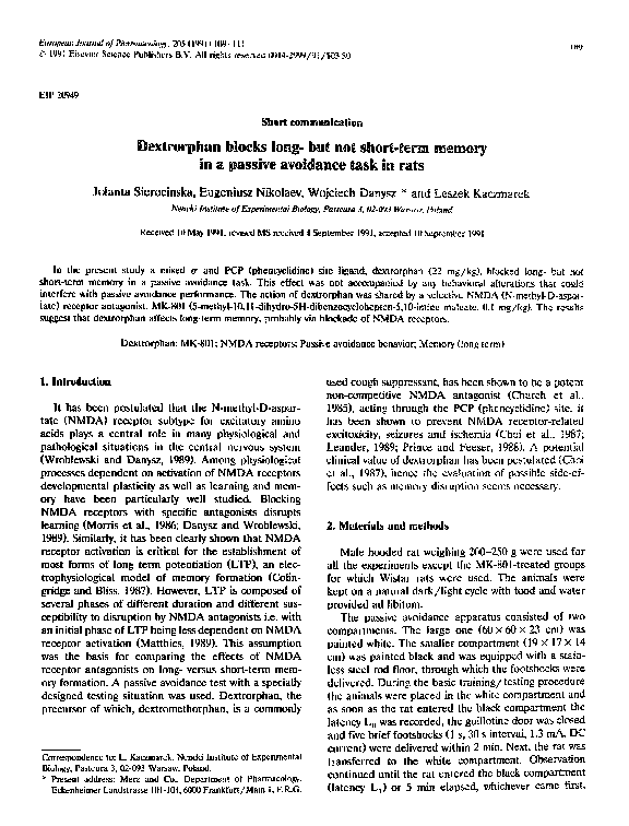 (PDF) Dextrorphan blocks long- but not short-term memory in a passive ...