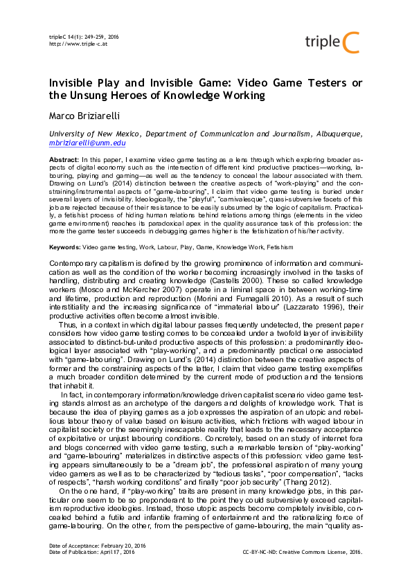 (PDF) Invisible Play and Invisible Game: Video Game Testers or the ...