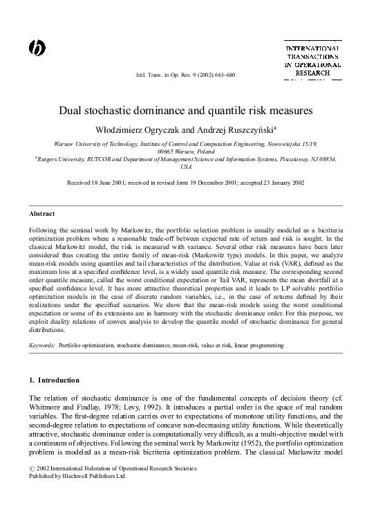 (PDF) Dual Stochastic Dominance and Quantile Risk Measures