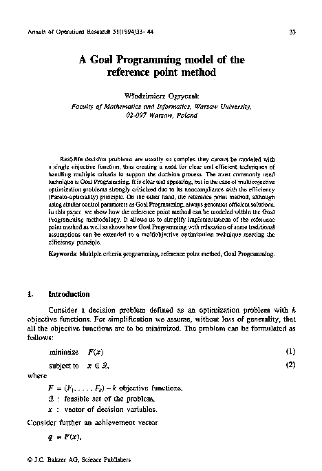Pdf A Goal Programming Model Of The Reference Point Method