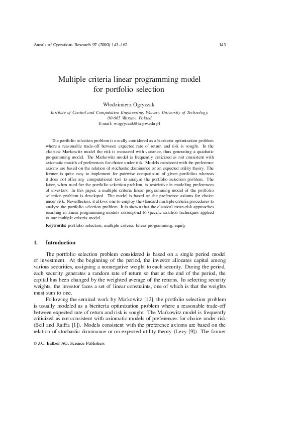 Pdf Multiple Criteria Linear Programming Model For Portfolio Selection
