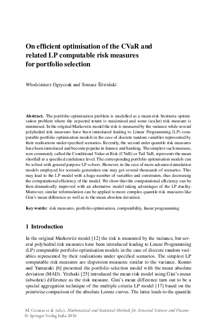 Pdf On Efficient Optimisation Of The Cvar And Related Lp Computable