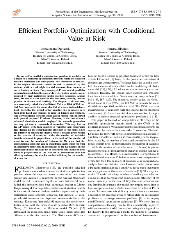 (PDF) Efficient portfolio optimization with Conditional Value at Risk