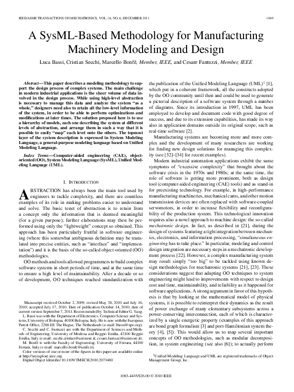 (PDF) A SysML-Based Methodology for Manufacturing Machinery Modeling and Design