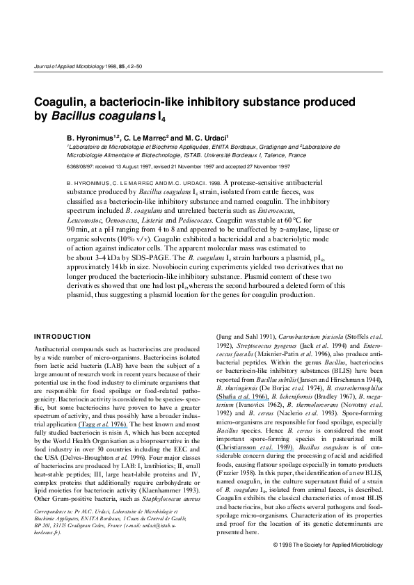 (PDF) Coagulin, a bacteriocin-like inhibitory substance produced by ...