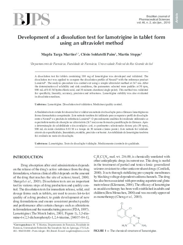 Pdf Development Of A Dissolution Test For Lamotrigine In Tablet Form Using An Ultraviolet Method
