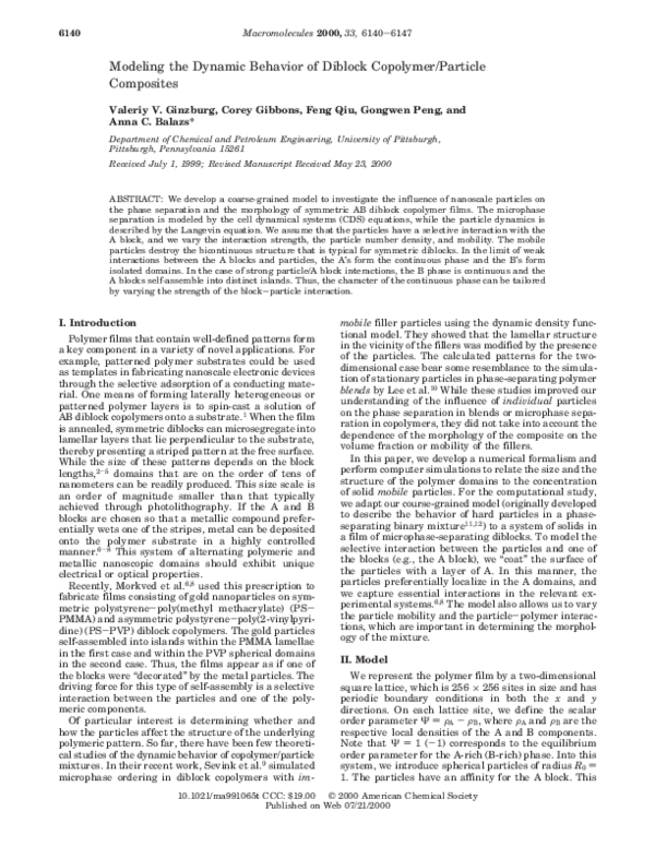 Pdf Modeling The Dynamic Behavior Of Diblock Copolymerparticle
