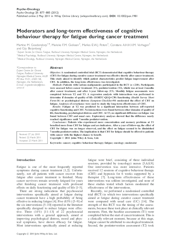 (PDF) Moderators and long-term effectiveness of cognitive behaviour therapy for fatigue during ...