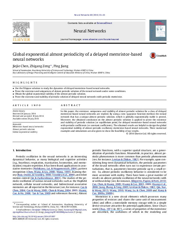 (PDF) Global exponential almost periodicity of a delayed memristor-based neural networks | Ping ...