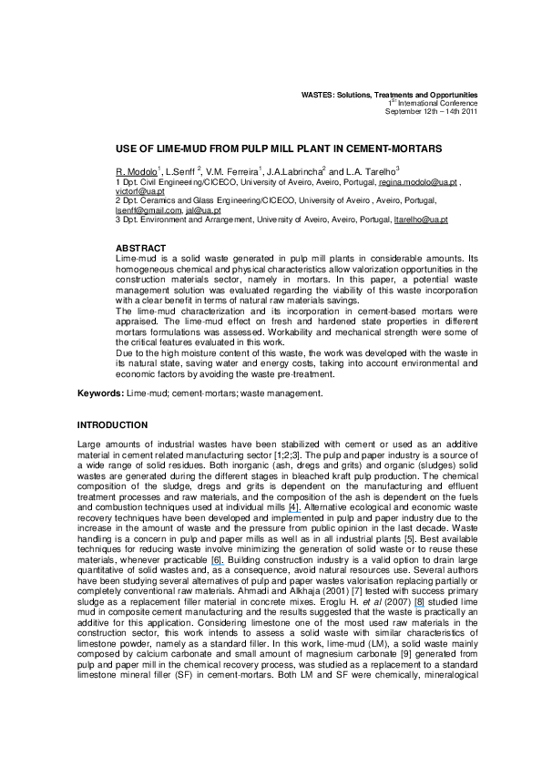 (PDF) Use of Lime-Mud from Pulp Mill Plant in Cement-Mortars