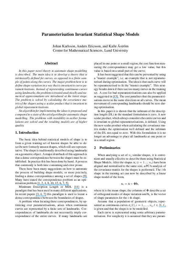 (PDF) Parameterisation invariant statistical shape models | Anders Ericsson and Johan Karlsson ...