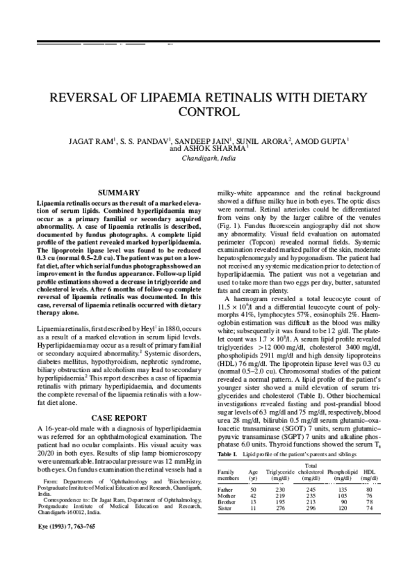 (PDF) Reversal of lipaemia retinalis with dietary control