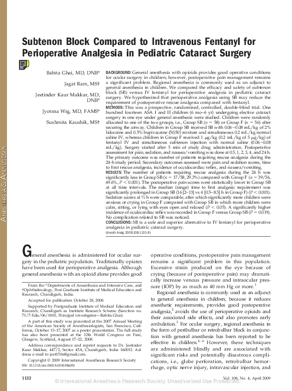 (PDF) Subtenon Block Compared to Intravenous Fentanyl for Perioperative ...