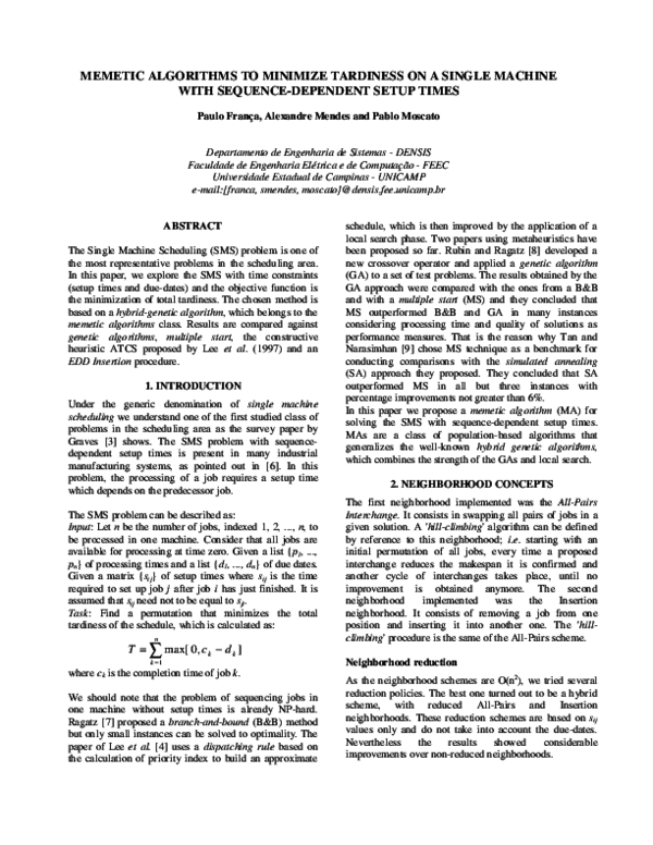 (PDF) Memetic algorithms to minimize tardiness on a single machine with sequence-dependent setup ...