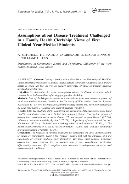 (PDF) Assumptions about Disease Treatment Challenged in a Family Health ...