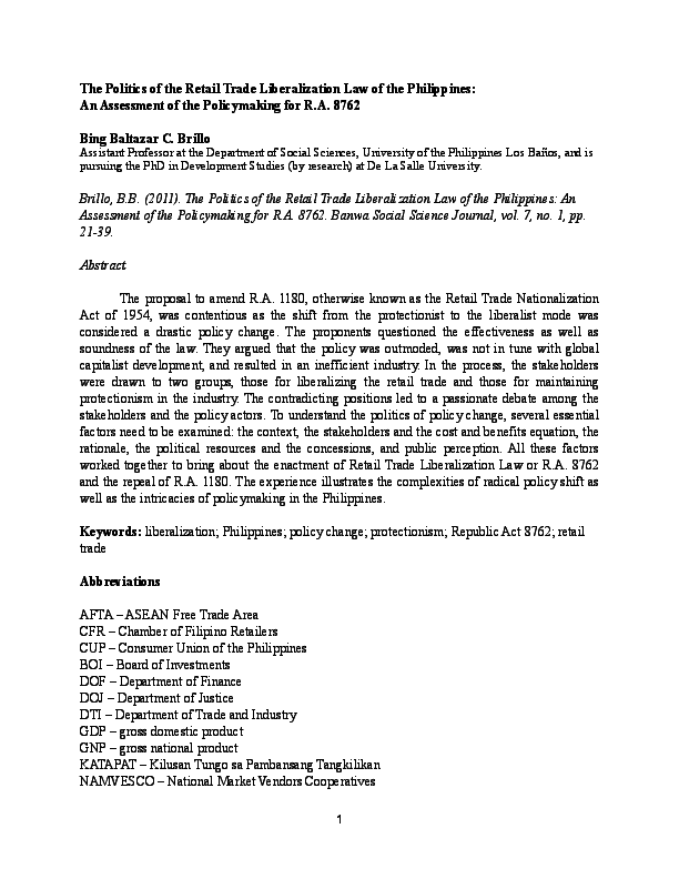(PDF) The Politics of the Retail Trade Liberalization Law of the ...