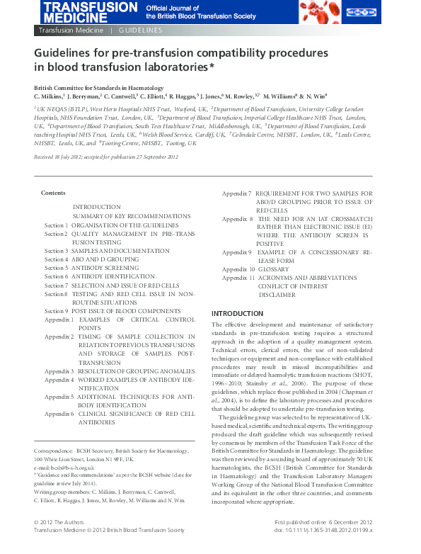 (PDF) Guidelines for pre-transfusion compatibility procedures in blood ...