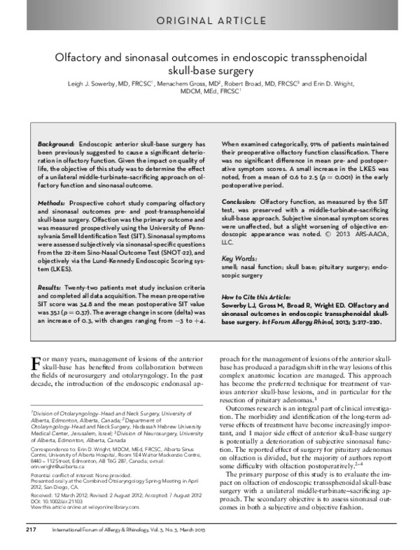 (PDF) Olfactory and sinonasal outcomes in endoscopic transsphenoidal skull-base surgery