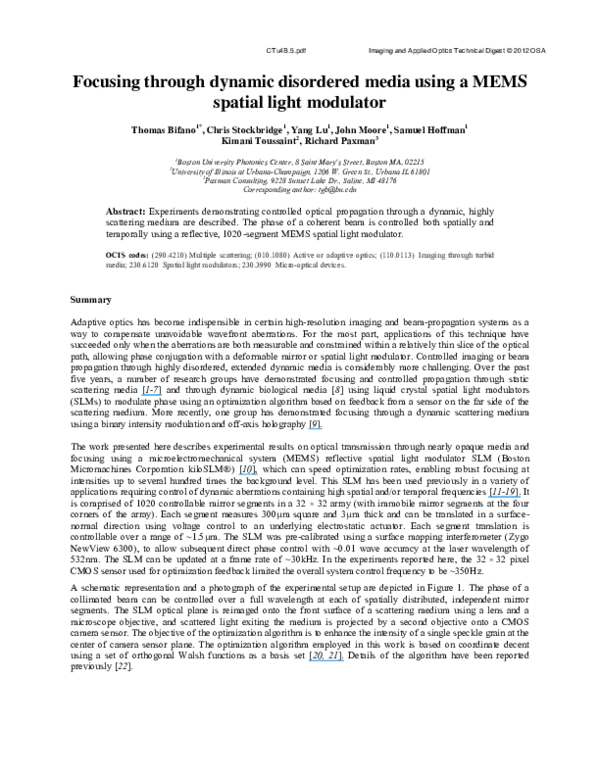 Pdf Focusing Through Dynamic Disordered Media Using A Mems Spatial