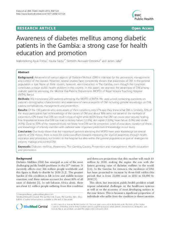(PDF) Awareness of diabetes mellitus among diabetic patients in the ...