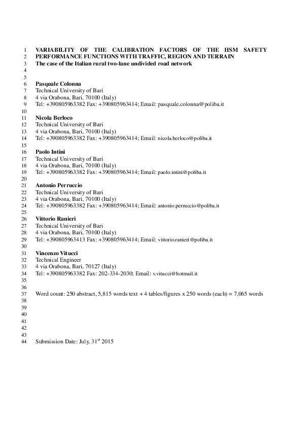 (PDF) VARIABILITY OF THE CALIBRATION FACTORS OF THE HSM SAFETY PERFORMANCE FUNCTIONS WITH ...