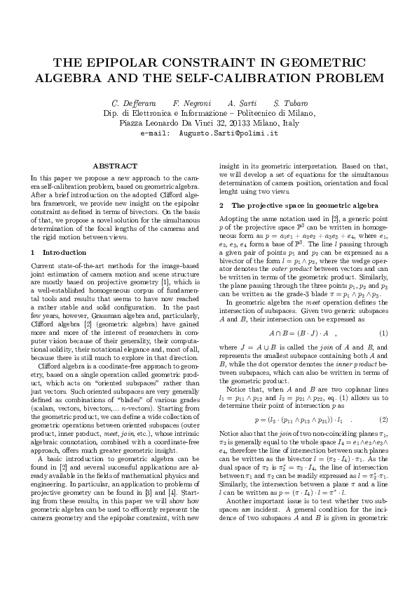 (PDF) THE EPIPOLAR CONSTRAINT IN GEOMETRIC ALGEBRA AND THE SELF-CALIBRATION PROBLEM