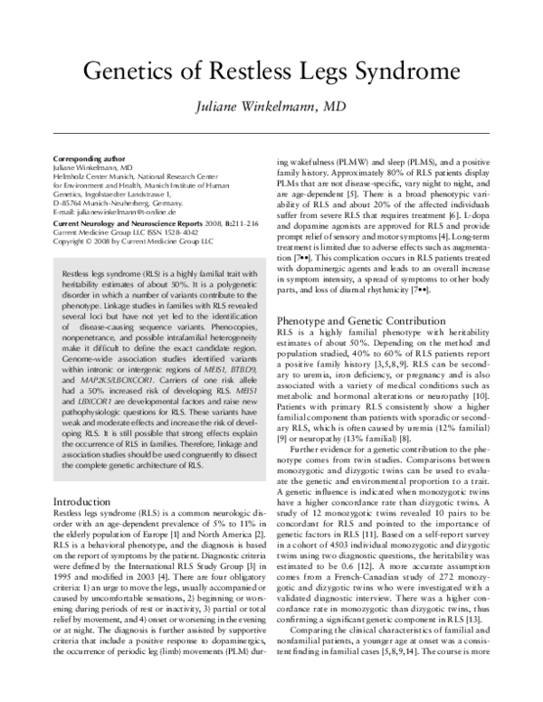 (PDF) Genetics of restless legs syndrome