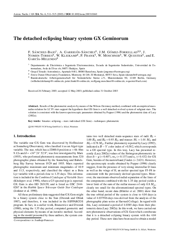 (PDF) The detached eclipsing binary system GX Geminorum