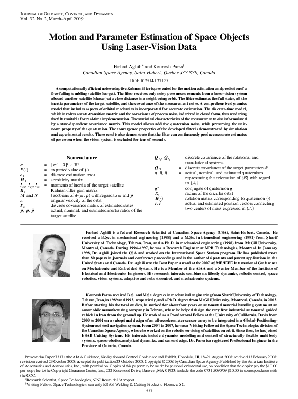 Pdf Motion And Parameter Estimation Of Space Objects Using Laser