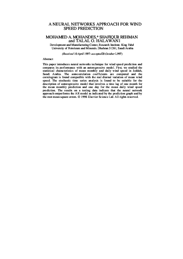 (PDF) A neural networks approach for wind speed prediction