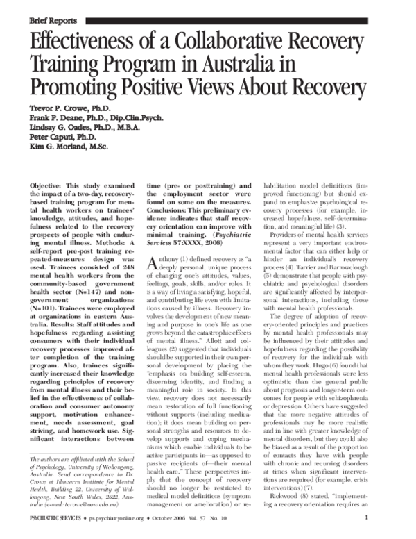(PDF) Effectiveness of a Collaborative Recovery Training Program in ...